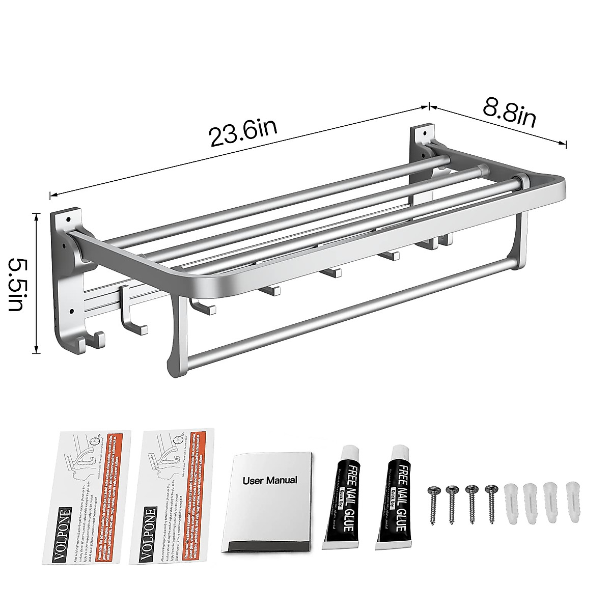 24 Inch Towel Rack with Towel Bar Holder Foldable Towel Shelf with Movable Hooks Rustproof Towel Storage Wall Mount for Bathroom Lavatory Silver