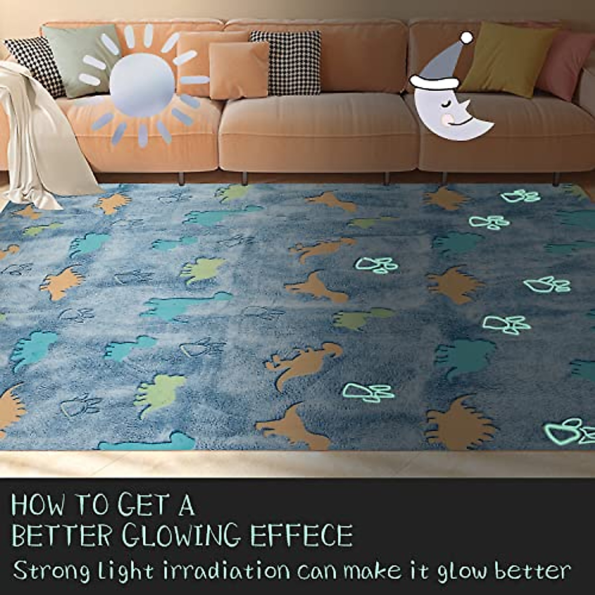 QH Seamless Dinosaur Pattern Glow in The Dark Area Rug Area Rug for Living Room Bedroom Playing Room Size 5'x6'