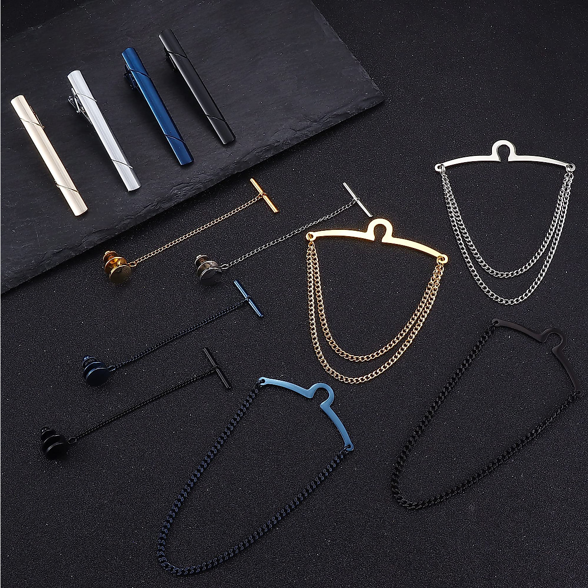 Sanfenly Tie Clips for Men Tie Bar Black Blue Gold Silver Tie Pin Tie Tack with Chain Set for Regular Ties Valentine's Day, Father's Day, Christmas Day Gift