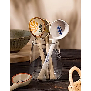 YUURAIN VUVU Japanese Large Spoon, Handmade Long Handle Asian Spoons, Retro Ceramic Spoons, Ramen Spoons, Pho Spoons, Large Soup Spoons with Cute Hand-Painted Pattern, Hand-Kneaded (2 Pieces) - D