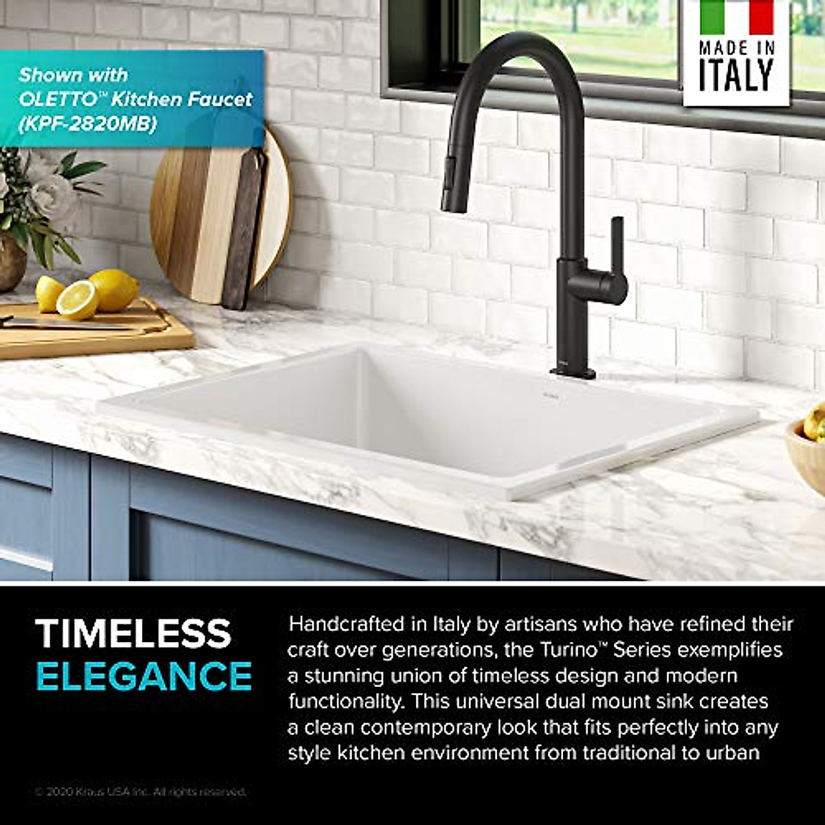 KRAUS Turino™ 24” Drop-In Undermount Fireclay Single Bowl Kitchen Sink with Thick Mounting Deck in Gloss White, KFD1-24GWH