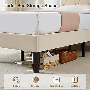 VECELO Upholstered Twin Bed Frame with Headboard Adjustable, Velvet Platform Bed with LED Lights, Charging Station, Mattress Foundation with Wooden Slats, Noise Free, No Box Spring Needed, Beige