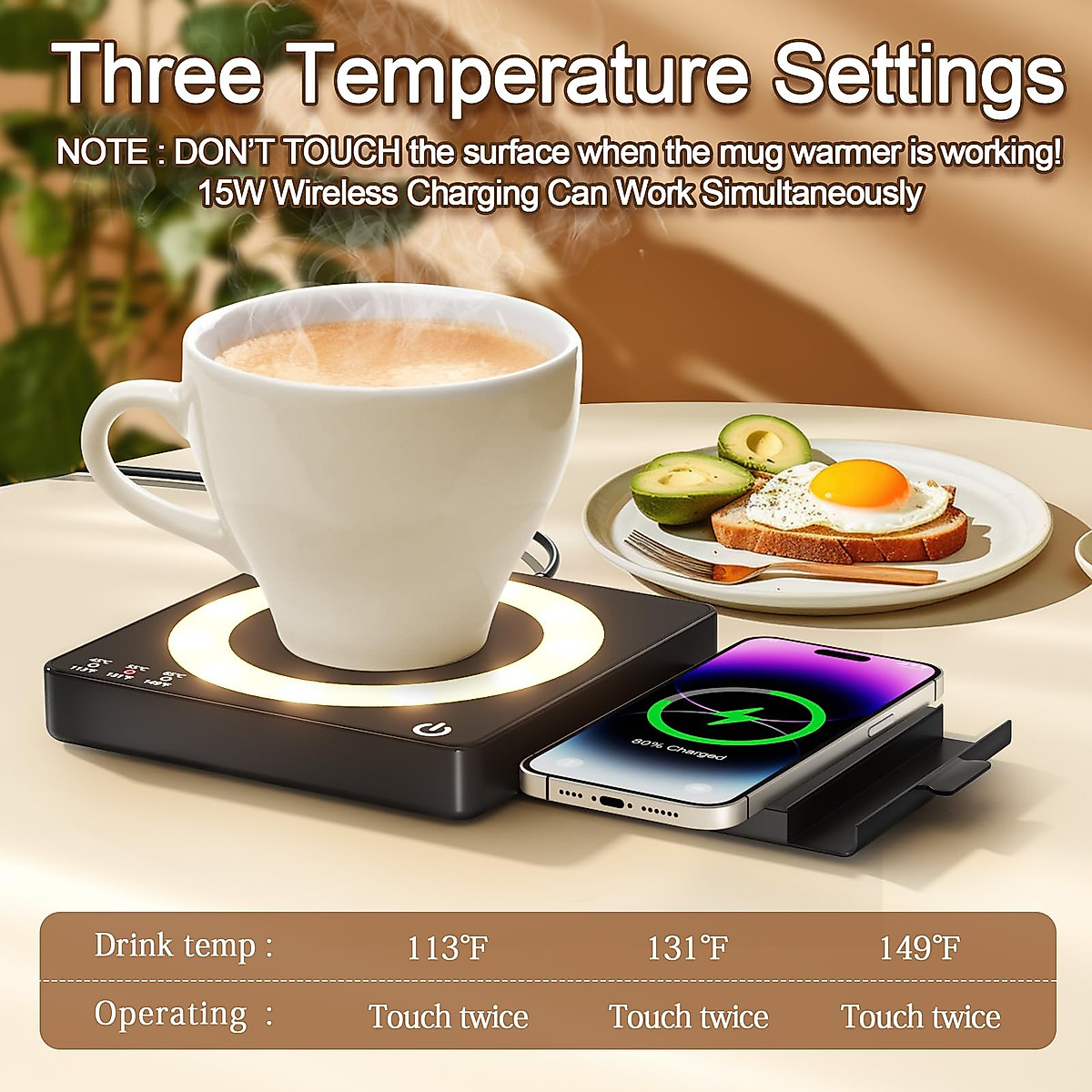 WHOLEV Coffee Mug Warmer, Smart Mug Warmer 15W Wireless Charging for Desk/Home, 3 Heat Settings Temperature Controlled, 8H Auto Off, Candle Warmer, Safe for Heating Coffee, Beverage, Milk, Tea