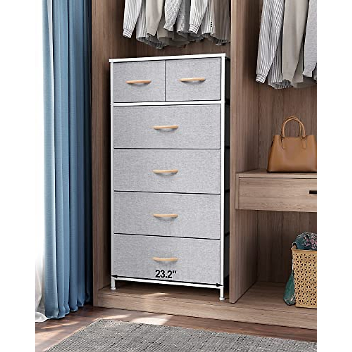 Crestlive Products Vertical Dresser Storage Tower - Sturdy Steel Frame, Wood Top, Easy Pull Fabric Bins, Wood Handles - Organizer Unit for Bedroom, Hallway, Entryway, Closets - 6 Drawers (Light Grey)