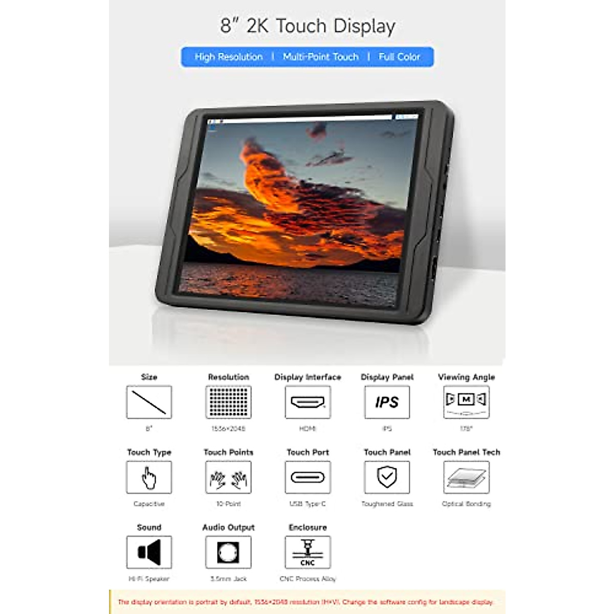 waveshare 8inch 2K Capacitive Touch Display, Compatible with Raspberry Pi 5/ 4B and CM4, 1536×2048, IPS, High Compatibility