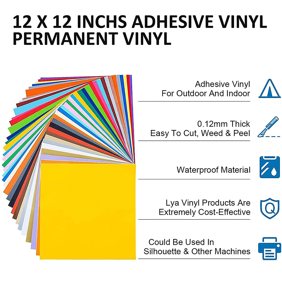 Lya Vinyl 55 Pack Permanent Adhesive Vinyl Sheets for Decor Sticker, Party Decoration, Car Decal - 43 Color Vinyl for Cutting Machine, Craft Cutter