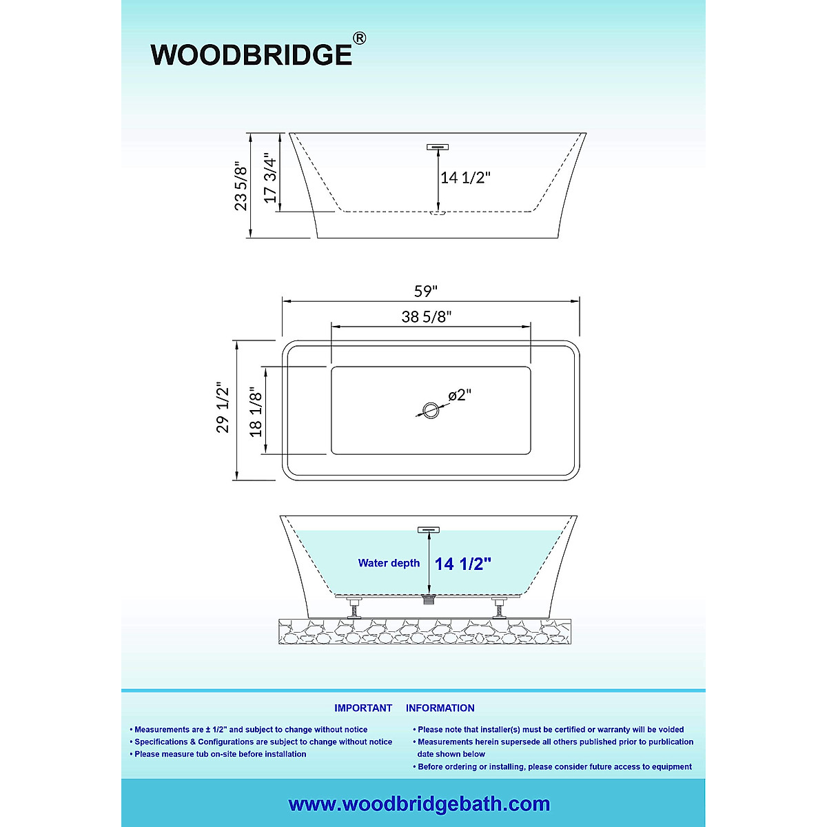WOODBRIDGE 59" Freestanding Acylic Soaking Bathtub with White, Drain and Overflow inBrushed, BTA1509-B/N-Drain &O + Pillow, with Brushed Nickel Drian