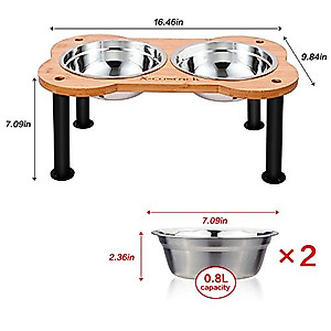 Elevated Dog Bowls, Unique Bone Shape Bamboo Raised Pet Bowls& Cats Dogs Food and Water Stand Pet Feeder, with 2-Pack Stainless Steel Bowls, for Pets Medium Dogs Cats, 16.46” W x 9.84” D x 7.09” H