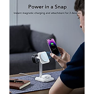 ESR 3-in-1 MagSafe Charger Stand (HaloLock), Removable Made for Apple Watch Certified Charger, MagSafe Charging Station, Magnetic Wireless Charger, iPhone 14/13/12 Series, AirPods Pro/3/2, White
