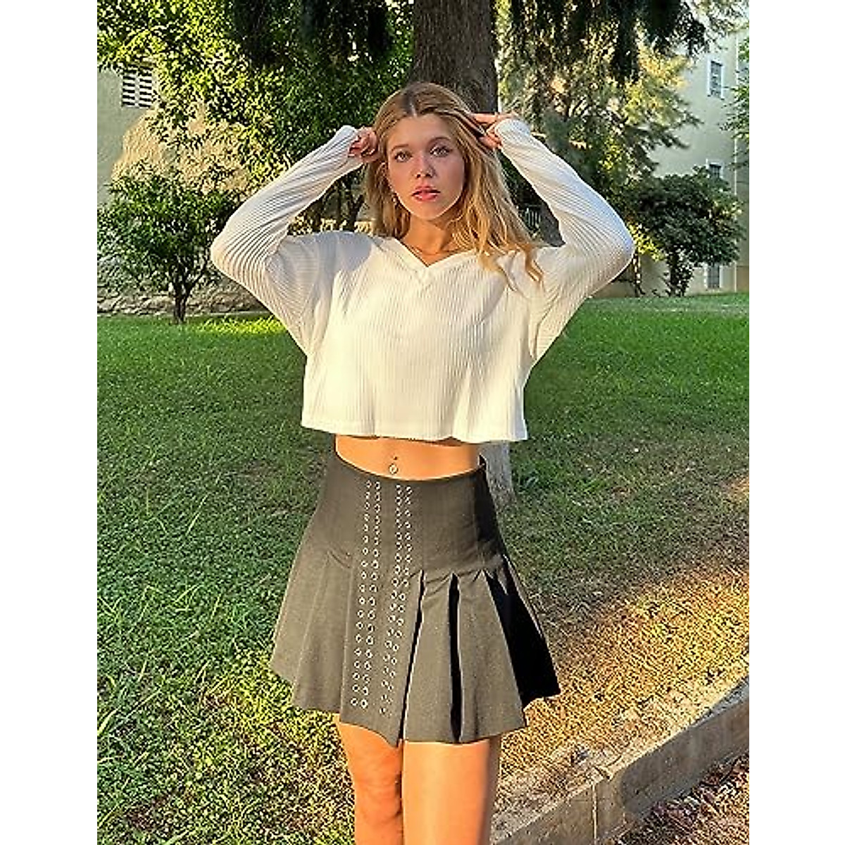 Zeagoo Women Waffle Knit Shirts Cropped Long Sleeve Top Fashion V Neck Pullover Sweaters White