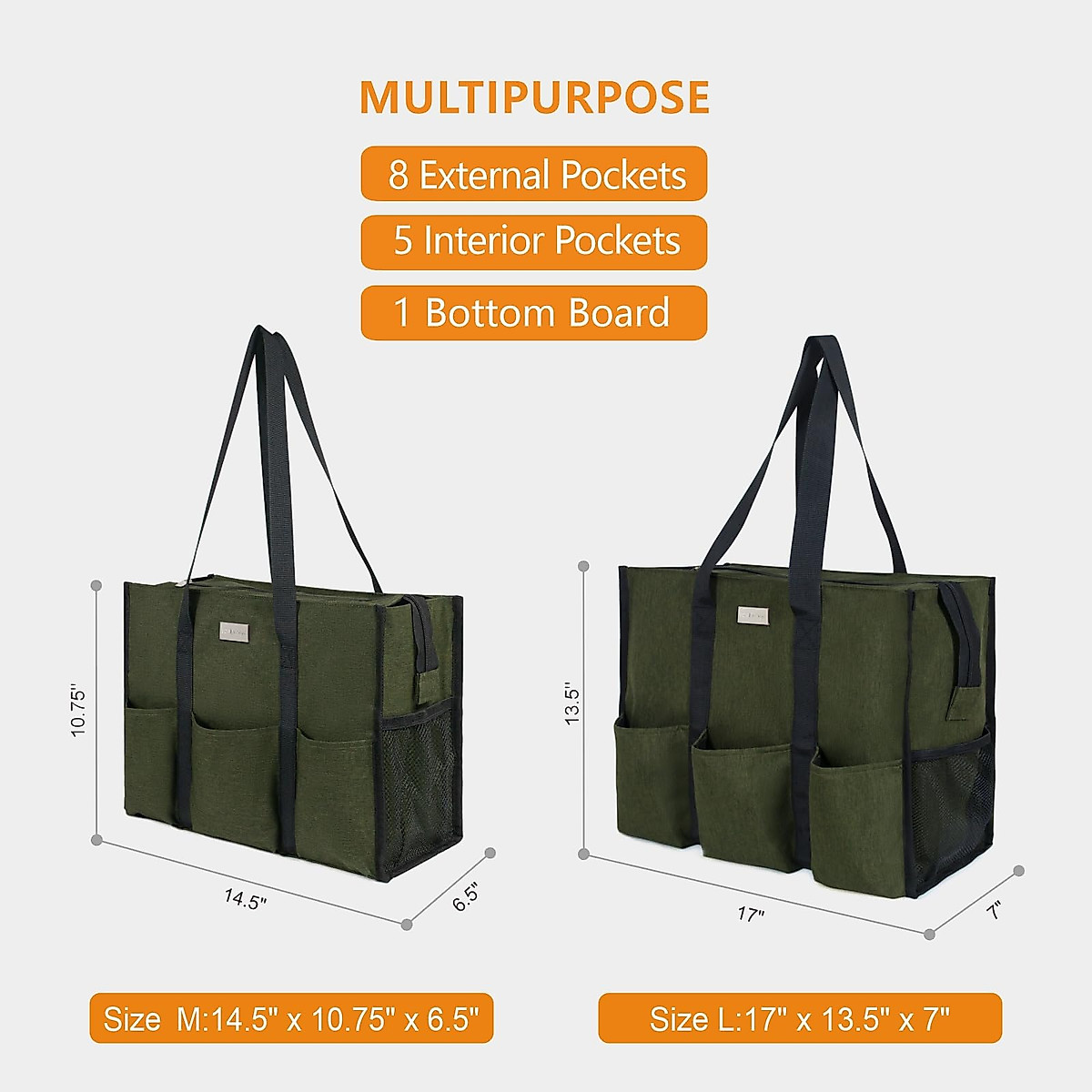 TOPDesign Utility Water Resistant Tote Bag with 13 Exterior & Interior Pockets, Top Zipper Closure & Thick Bottom Support, for Working Women, Teachers, Nurses, Accountants (Green)