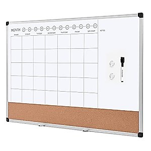 Amazon Basics Monthly Calendar Whiteboard Dry Erase and Cork Board, Silver Aluminium Frame, 24 x 36 Inches