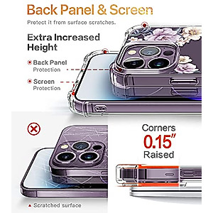 ROSEPARROT Designed for iPhone 14 pro max Case with Tempered Glass Screen Protector + Camera Lens Protector, Clear with Floral Pattern Design, Shockproof Protective Cover （Anemone Blooms）