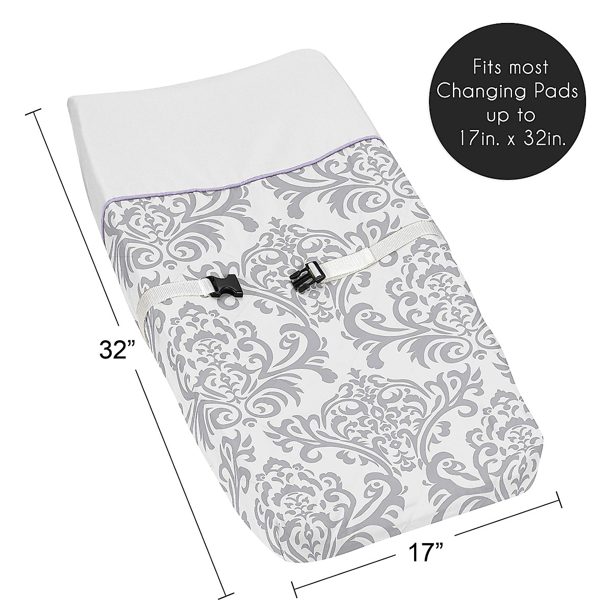 Lavender, Gray and White Damask Print Elizabeth Baby Changing Pad Cover for Girl Bedding Sets
