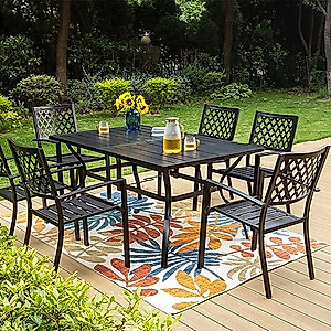 PHI VILLA Patio Dining Stackable Chairs, Outdoor Wrought Iron Furniture Set Bistro Chairs with Armrest,Black (Fishnet Pattern, 2 Set)