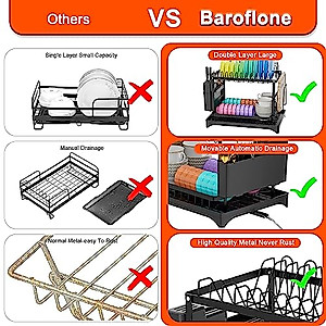 Baroflone Dish Drying Rack, 2 Tier Dish Drying Rack Large Capacity, Rust-Proof Stainless Steel Dish Racks for Kitchen Counter  with Drainboard, Cutting Board Holder - Black