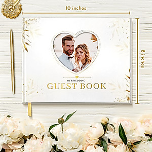Wedding Guest Book and Elegant Guest Book Wedding Reception with Hardcover 8"x10", Guest Book for Wedding with Golden Pen with its Gold Metal Base, 100 Blank Pages for Wedding Guest Book Sign Include