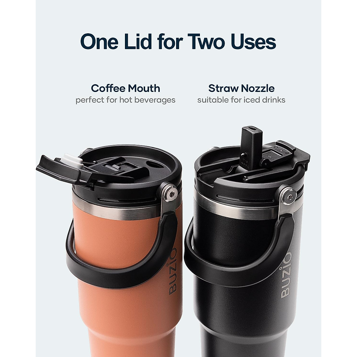 BUZIO 40 oz Tumbler with Handle, Insulated Tumbler with 2-in-1 Lid and Straw, Stainless Steel Vacuum Insulated Iced Coffee Tumbler Cup, Spill-Proof Travel Mug Thermal Cup for Hot and Cold Drinks