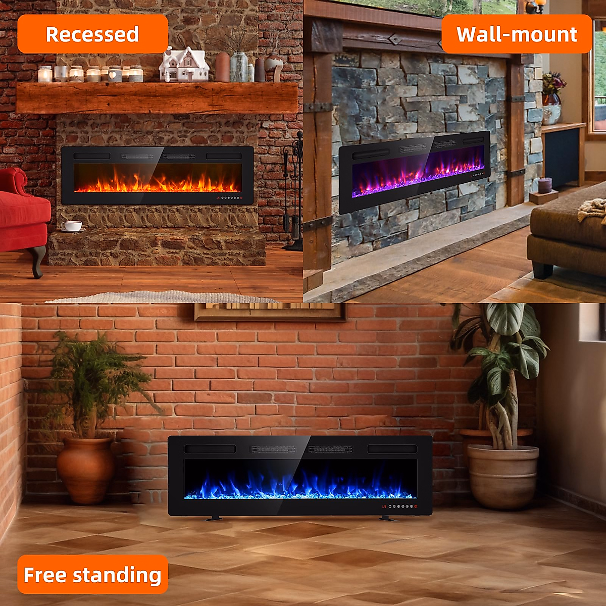 BREEZEHEAT 60 inch Electric Fireplace Wall Mounted/Freestanding-Ultra Thin Fireplace Inserts for Living Room with Heater, Remote Control, Touch Screen, Led Flame, 8H Timer, 750w/1500w