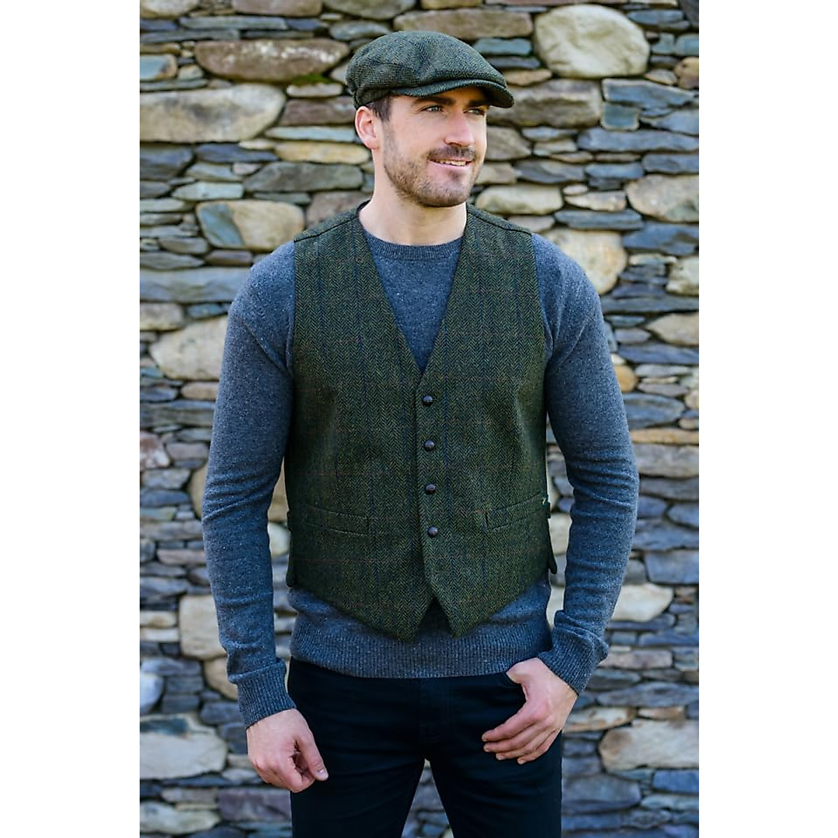 Mucros Weavers Kerry Cap, Irish Hat for Men, Herringbone Wool, Green, Large
