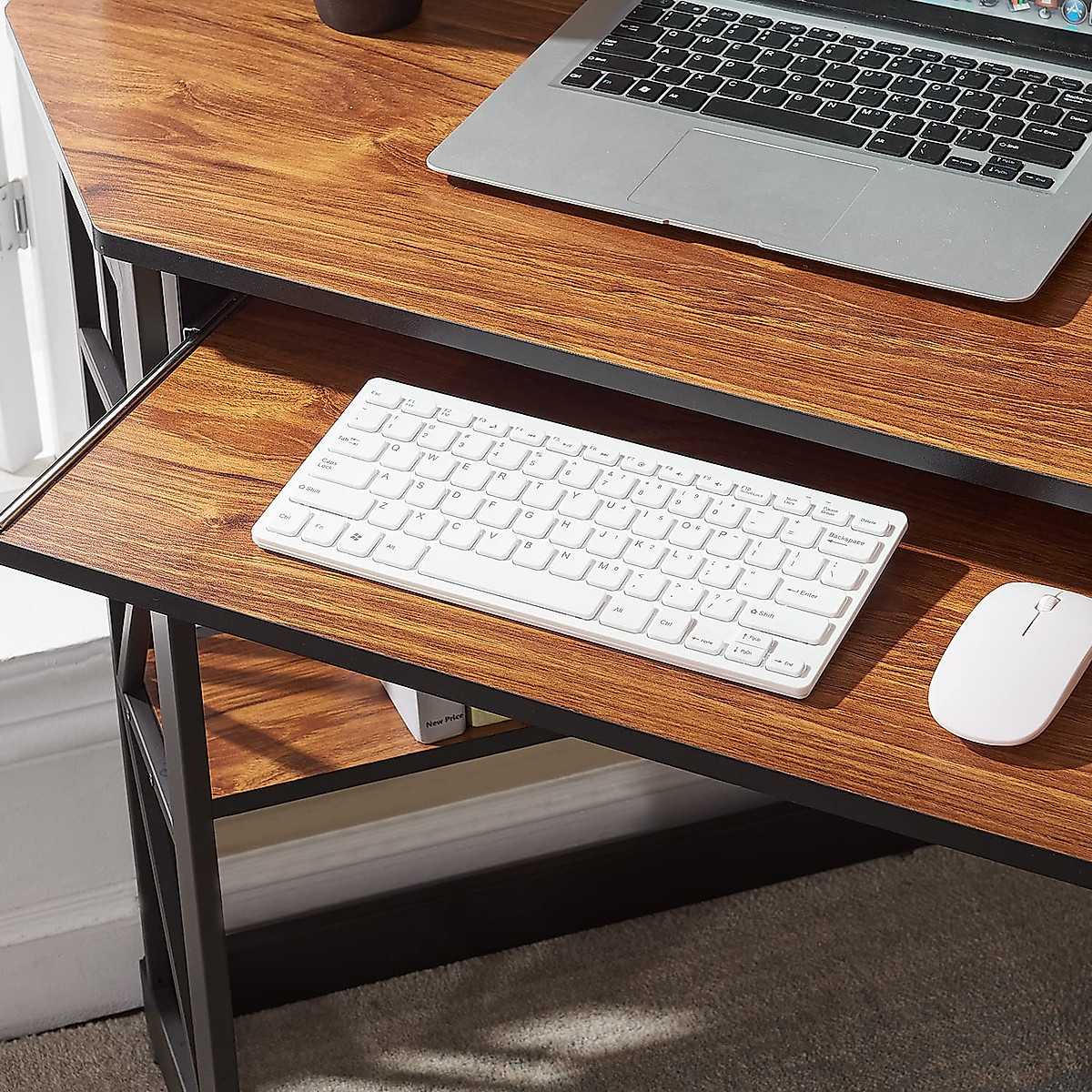 VECELO Corner Computer Desk 41 x 30 inches with Smooth Keyboard & Storage Shelves for Home Office Workstation, Teak