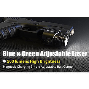CRONHAWK 500 Lumen Blue Green Laser Light for Pistol, Rechargeable Rail Mounted Flashlight Laser Combo for Picatinny Rail, Magnetic Charging