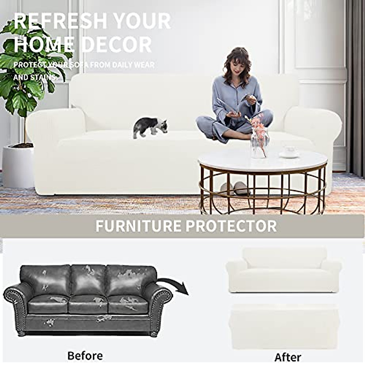 Easy-Going Stretch Chair Sofa Slipcover 1-Piece Couch Sofa Cover Furniture Protector Soft with Elastic Bottom for Kids, Pet. Spandex Jacquard Fabric Small Checks (Chair, Cream)