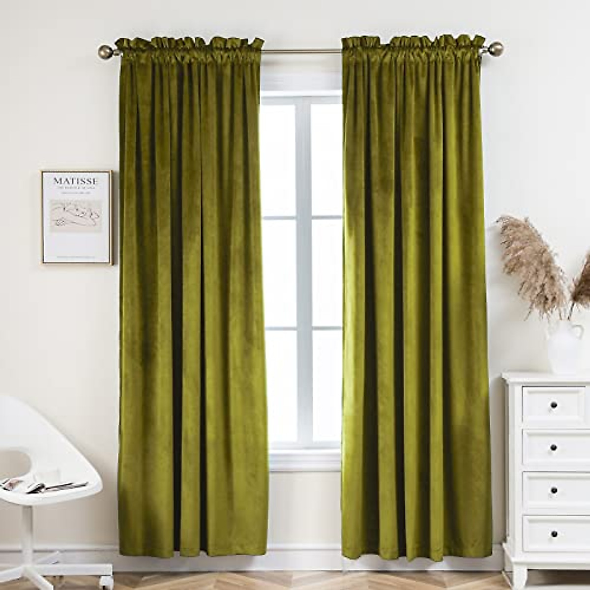 PLEASANT BOULEVARD | Velvet Curtains [2 Panels] Elegant Living Room Bedroom Nursery Window Drape Curtains for Room Darkening, Rod Pocket Style (52 x 84in, Olive Green)