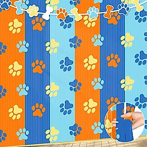 WovWeave 2 Packs Blue Dog Fringe Curtains 3.3 x 6.6 Ft Dog Paw Foil Fringe Backdrop Orange Blue and Light Blue Tinsel Streamers for Blue Dog Themed Baby Shower Birthday Party Supplies Decorations