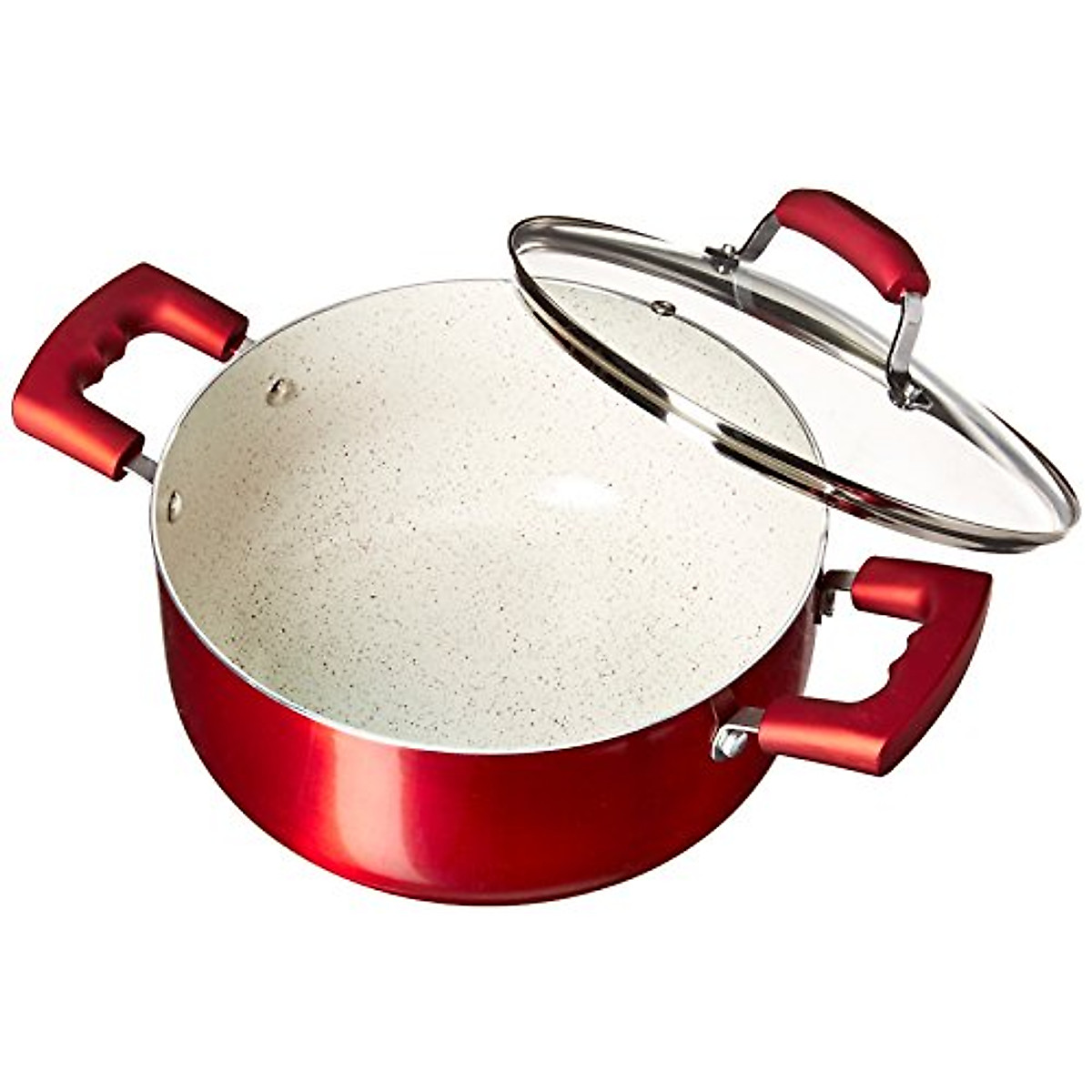 IMUSA USA 4.9Qt Ruby Red Nonstick Dutch Oven with Glass Lid and Soft Touch Handles, 5 Quarts