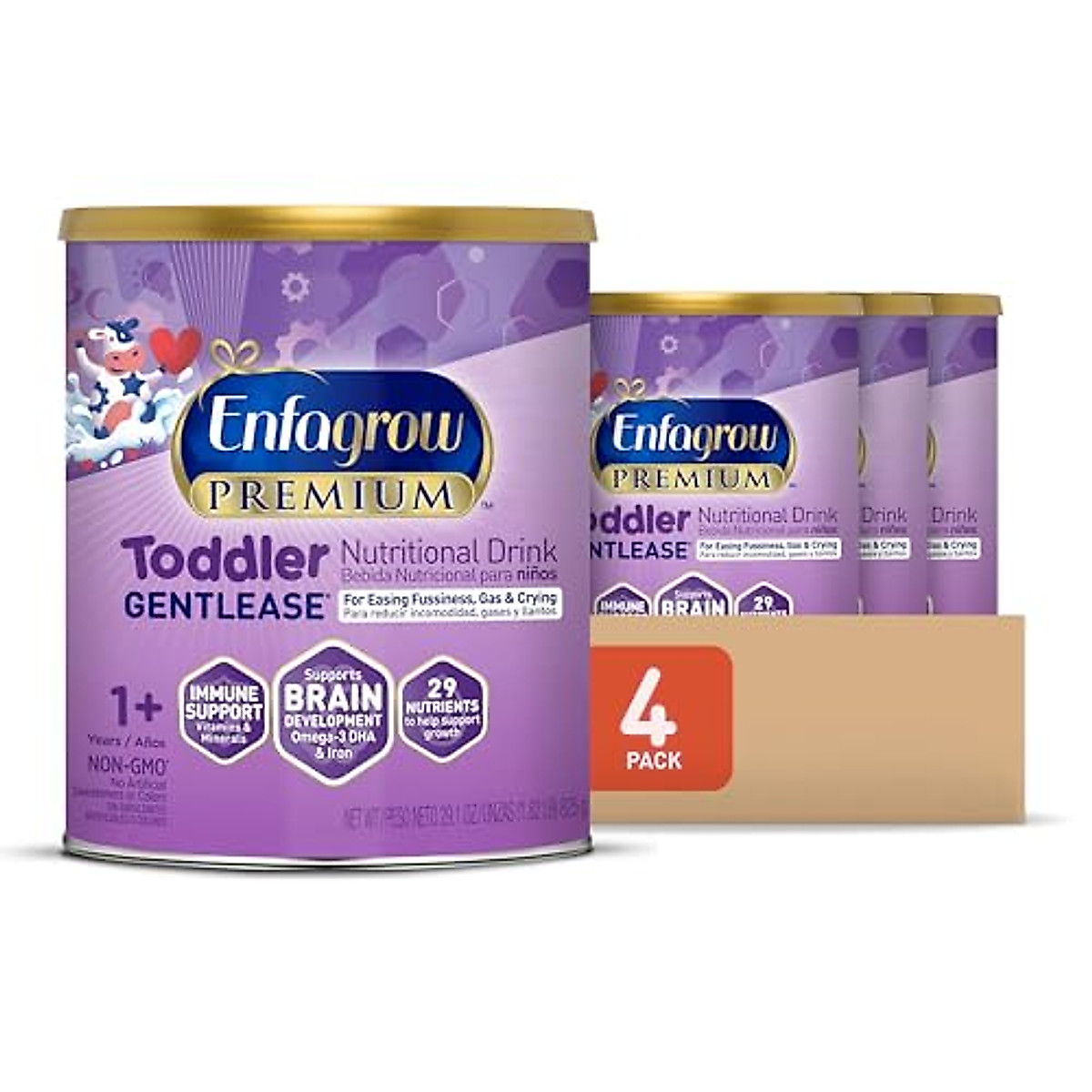 Enfagrow Premium Gentlease Toddler Nutritional Drink, Omega-3 DHA for Brain Support, Prebiotics & Vitamins for Immune Health, Non-GMO, 29.1 Oz Can, Pack of 4, Total 116.4 Oz