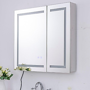 Chende 30x32 Medicine Cabinet with Lights, Stainless Steel LED Medicine Cabinet for Bathroom, Anti-Fog Lighted Medicine Cabinet with 2 Mirror Doors, Dimmer, Interior Lights