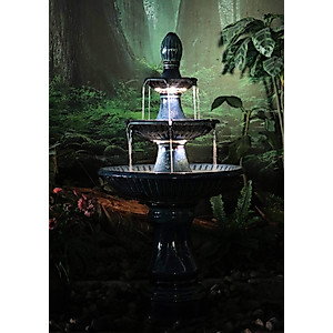 Modern Outdoor Cascading Floor Water Fountain with LED Light 3-Tier Teal Blue Ceramic 46" for Yard Garden Patio Backyard Deck Home Lawn Porch House Exterior Balcony - John Timberland