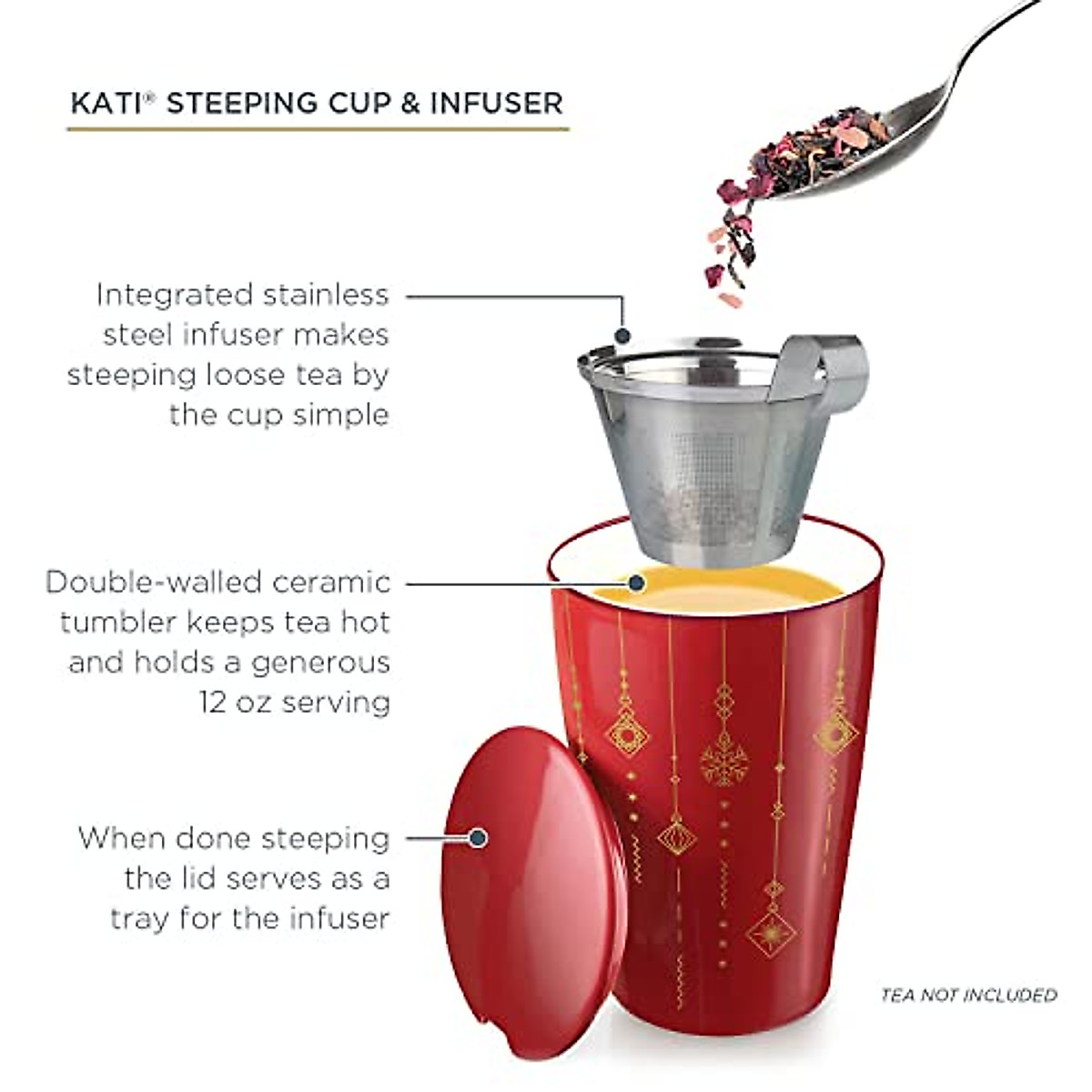 Tea Forte Warming Joy Kati Cup, Ceramic Loose Leaf Tea Infuser Cup with Basket and Lid, 12oz Double Walled Tumbler with Stainless Steel Influser and Gift Box
