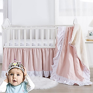 Brandream Baby Nursery Bedding for Girls Pink Princess Crib Bedding Elegant Ruffle Blanket Set 5 Piece, Pink White