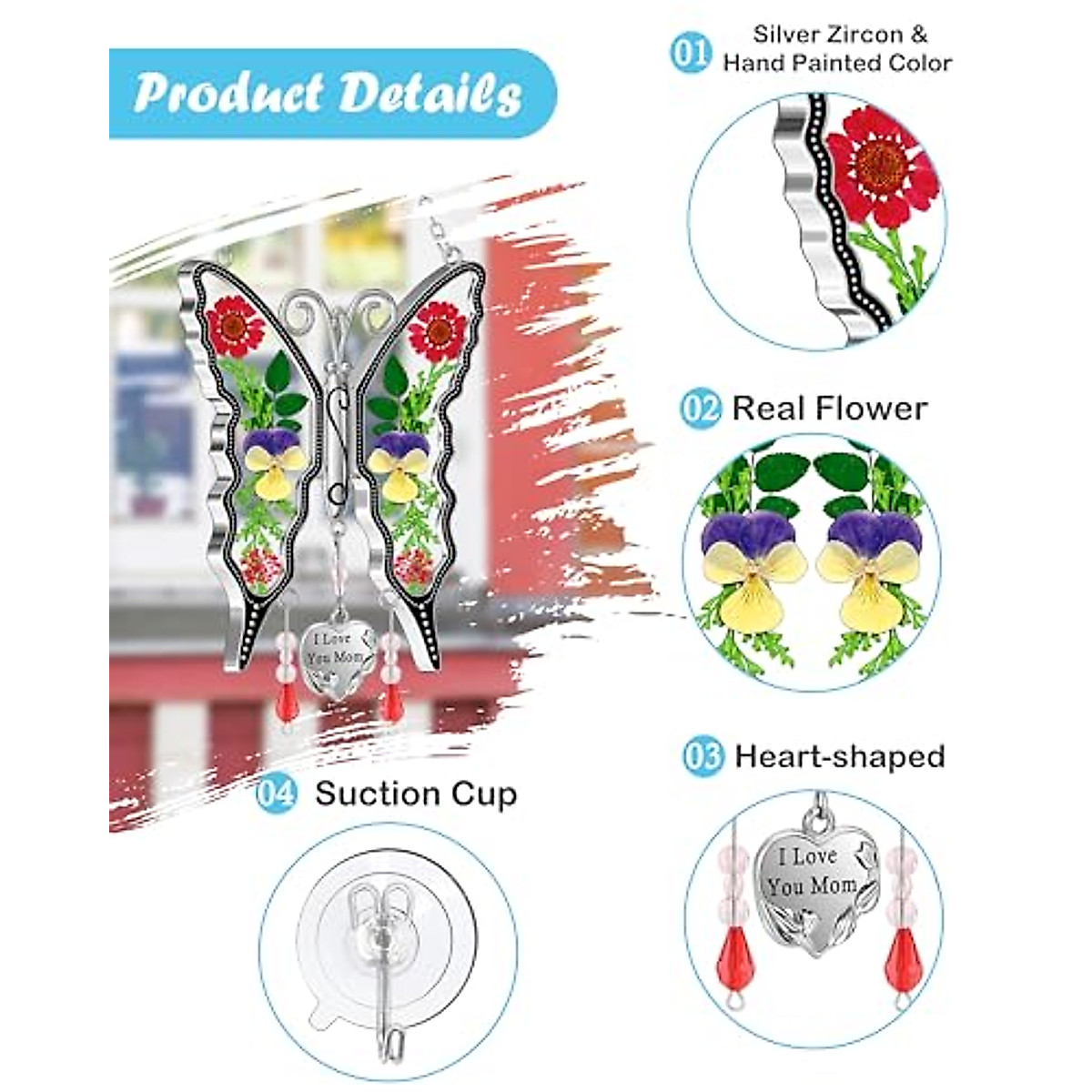 KY&BOSAM Butterfly Suncatcher Mother`s Day Gift I Love You Mom Stained Glass Suncatchers Hanging Ornament for Window Wind Chime Gifts for Mother`s Day Valentine`s Birthday Christmas Dream Catchers