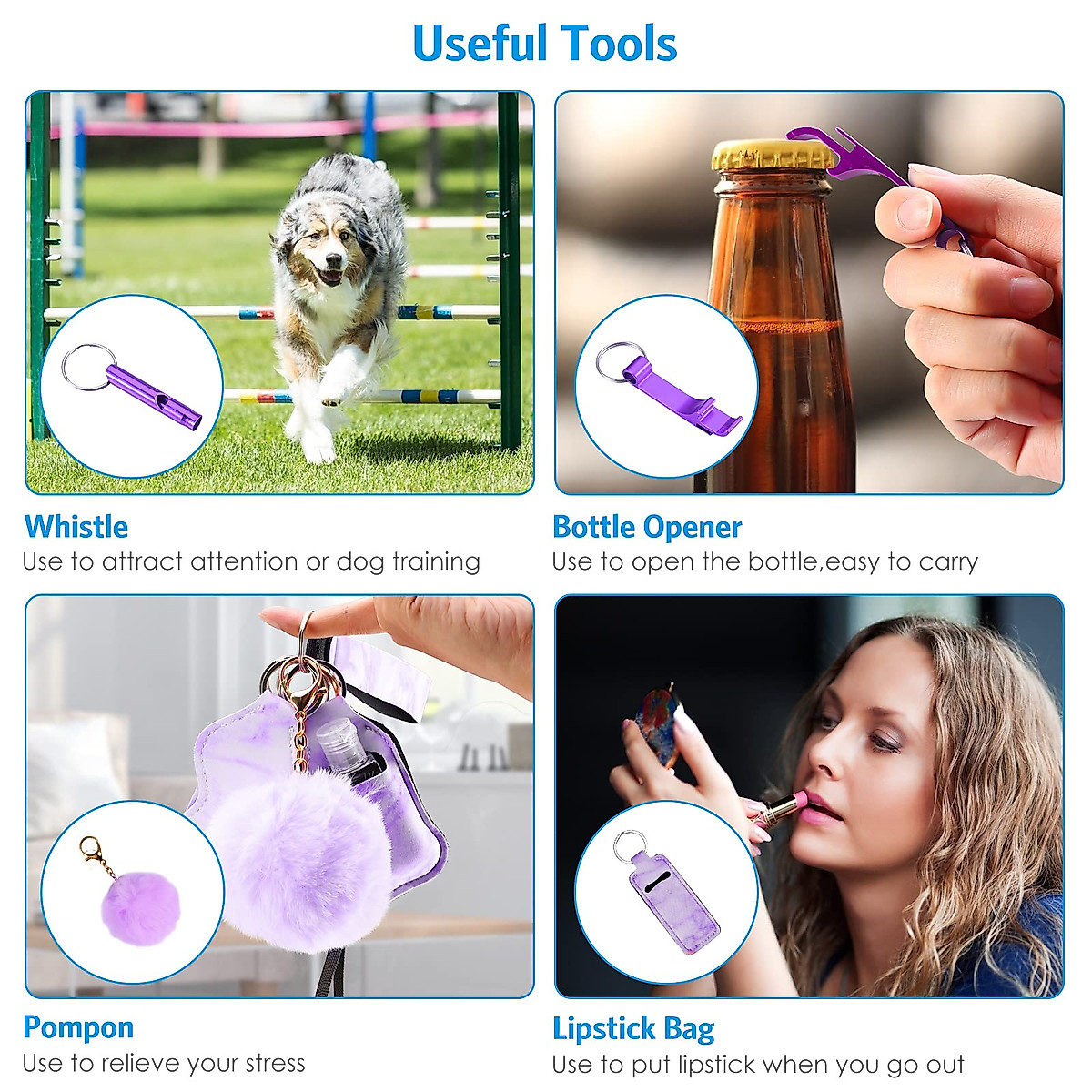 AMIR Safety Keychain Set for Women and Kids, 10 Pcs Safety Keychain Accessories, Keychain Set for Girls with Safe Sound Personal Alarm, No Touch Door Opener, Whistle and Pom, Purple