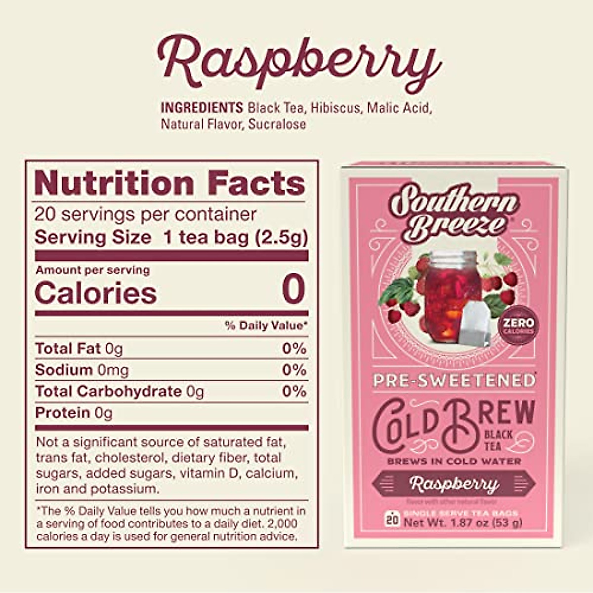 Southern Breeze Cold Brew Sweet Tea Raspberry Iced Tea with Black Tea and Zero Carbs Zero Sugar, 20 Individually Wrapped Tea Bags (Pack of 2) Southern Sweet Tea Iced Tea Beverage