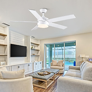 POCHFAN 52 inch White Ceiling Fans with Lights and Remote, Wooden 5 Blades LED Modern Ceiling Fan for Bedroom, Living Room, Dining Room, 3 CCT 6-Speed Quiet Reversible