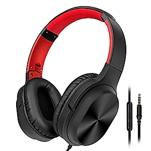 Besom On-Ear Headphones with Microphone Lightweight Folding Stereo Headset Tangle Free Cord, Wired Headphones for Cellphones Smartphone Tablet Laptop Computer MP3/4 (Red)