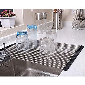 Roll Up Dish Drying Rack Over The Sink Dish Drying Rack Portable Stainless Steel Rolling Rack Kitchen Rolling Dish Drainer Sink Rack Mat Dish Racks for Kitchen Sink Counter (17.7" L x 13" W, Black)