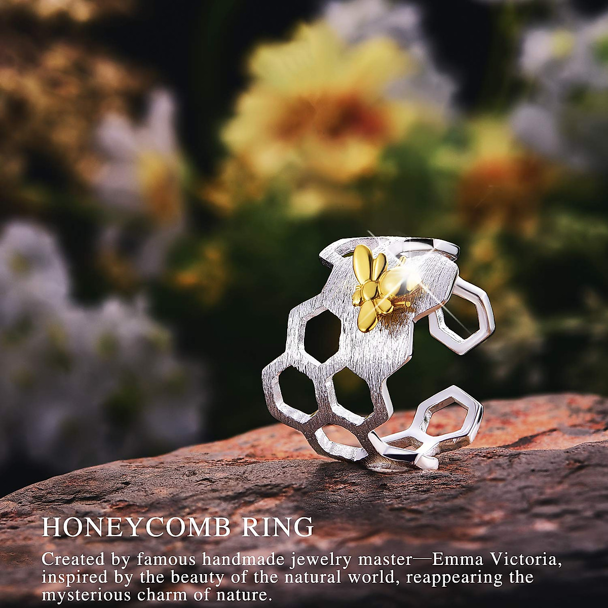 Lotus Fun S925 Sterling Silver Rings Handmade Unique Thumb Ring Natural Honeycomb Bee Open Ring Honeycomb Home Guard Jewelry Gifts for Women and Girls