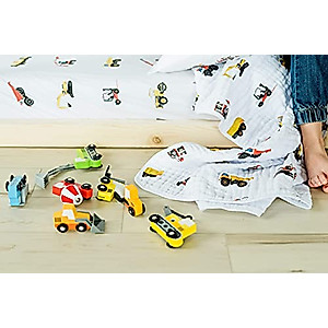 Bundle of ADDISON BELLE Products - 100% Cotton Fitted Crib Sheet + Everything Blanket - Construction Trucks - Soft, Durable & Breathable