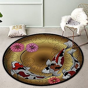 Round Area Rug 4Ft Koi Fish Japanese Style Non Slip Soft Washable Mat Flooring Carpet for Bedroom Living Room Kids Room Laundry Room Decor
