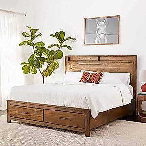 Knocbel Country-Cottage Queen Bed Frame with 2 Drawers, Wood Platform Bed Mattress Foundation with Slats Support & Storage Headboard, 85" L x 64" W x 55" H (Oak)