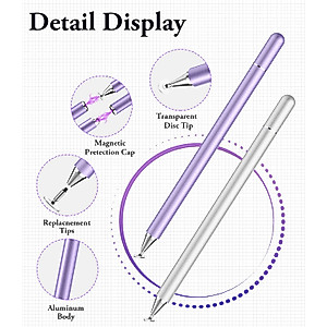 Stylus Pen for iPad, LUNTAK Stylus Pens for Apple/iPhone/Ipad pro/Mini/Air/Android/Microsoft/Surface All Capacitive Touch Screens Universal with 4 Replacement Tips (2 Pcs, Purple and Silver)