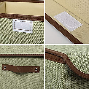 UUJOLY Large Storage Bins Linen Fabric Foldable Basket Cubes Organizer Storage Box Drawer with Lid and Handles for Home, Office, Closet, Bedroom, Nursery（(Green-2pcs)）