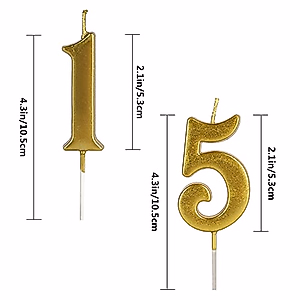 Gold 15th Birthday Candles for Cake, Number 15 1 5 Glitter Candle Party Anniversary Cakes Decoration for Kids Women or Men