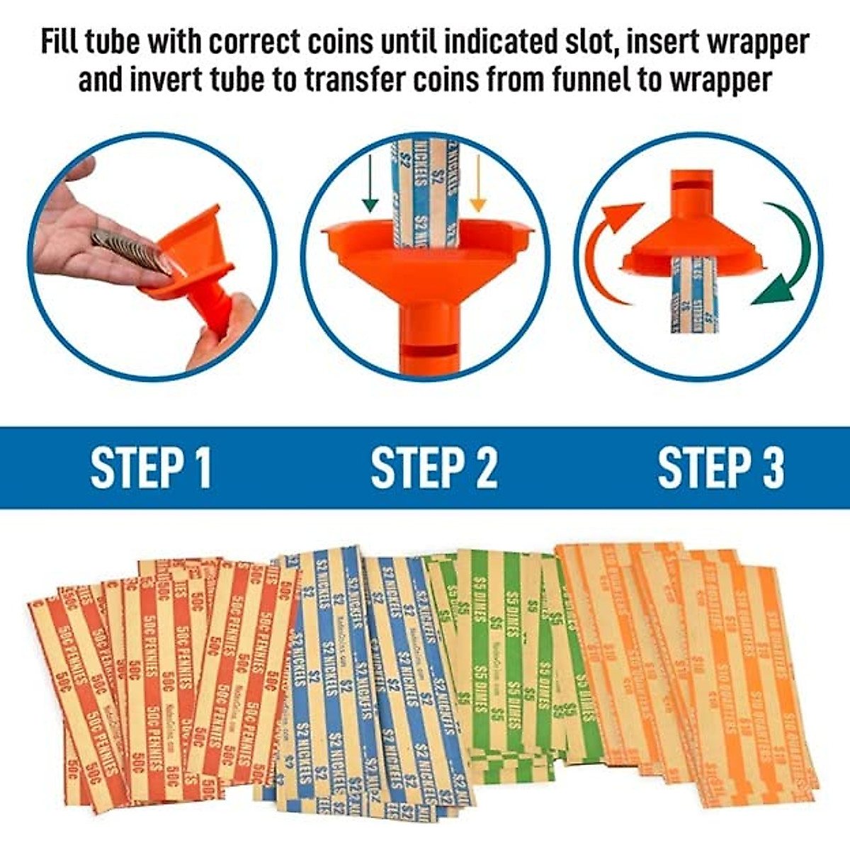 Nadex Easy Wrap Coin Tube Set with 40 Wrappers Included - Funnel Shaped Coin for Pennies, Nickles, Dimes, and Quarters - Four Color-Coded Tubes