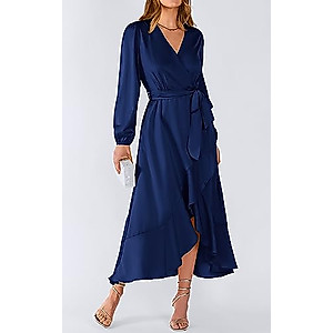 PRETTYGARDEN Women's 2023 Fall Dresses Casual Long Sleeve Wrap V Neck Maxi Dress High Low Wedding Guest Dress Ruffle Hem (Navy,Large)